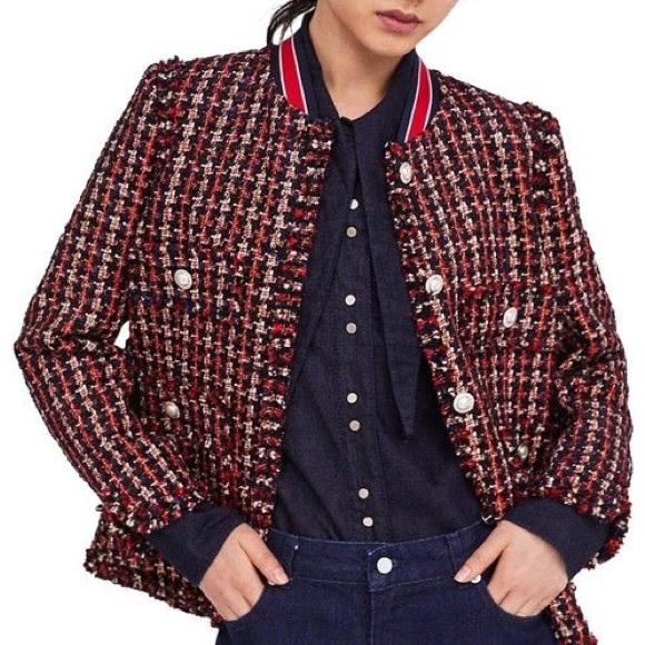 Zara | Jackets & Coats | Zara Red Tweed Xs Baseball Style Jacket | Poshmark